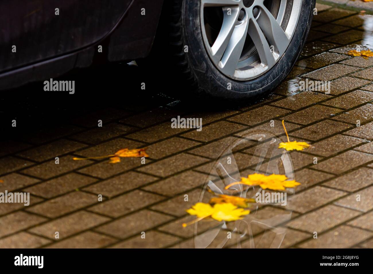 puddle on the pavement with a reflection of the car wheel and colorful ...