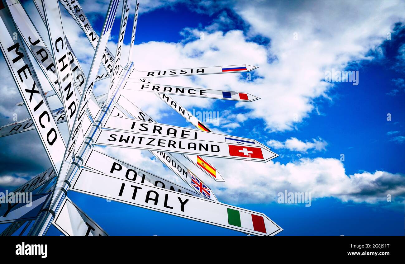 Signpost with national flags of different countries, sky in background ...