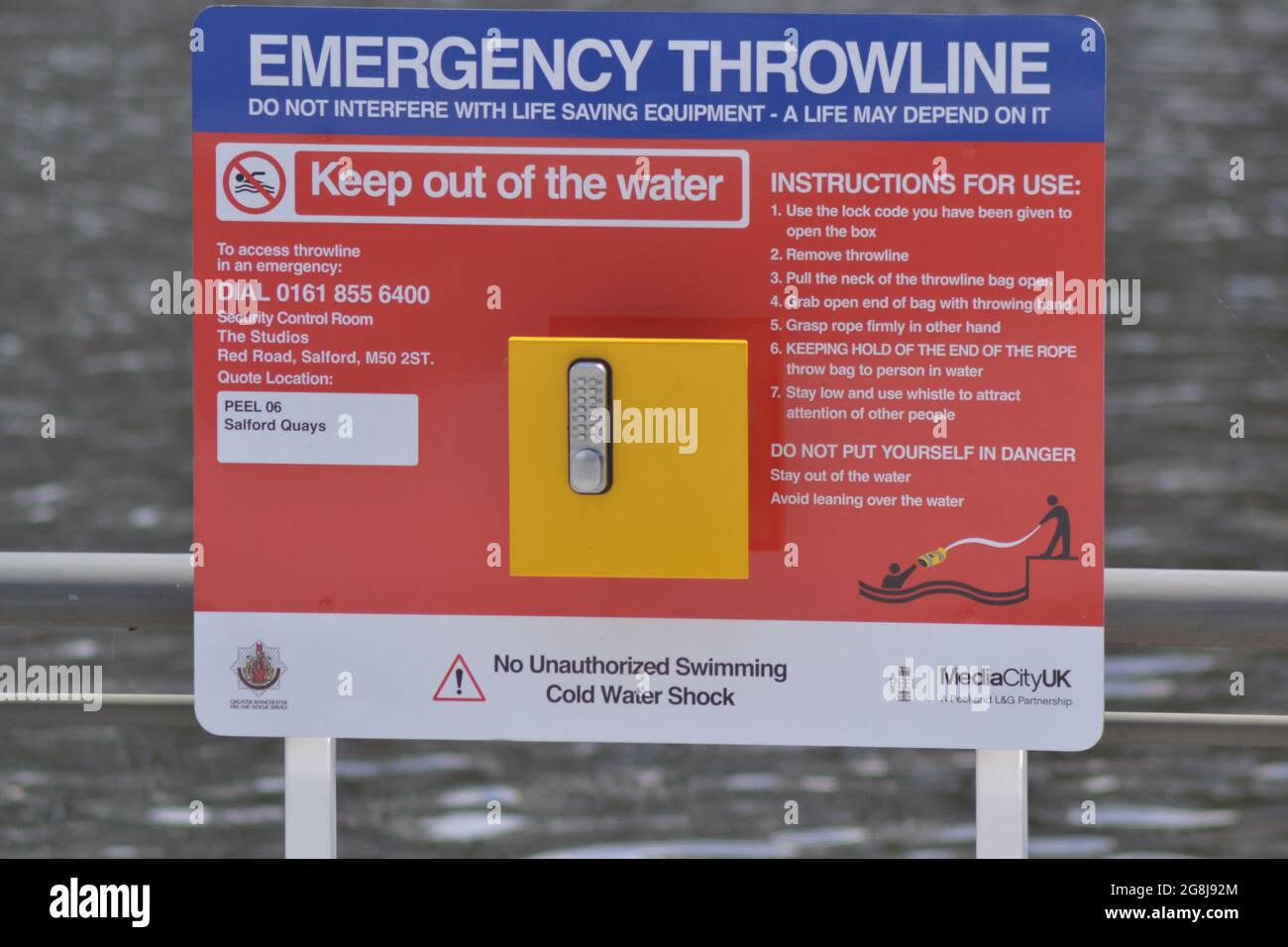 Emergency throwline at Salford Quays, Salford, Greater Manchester Stock ...