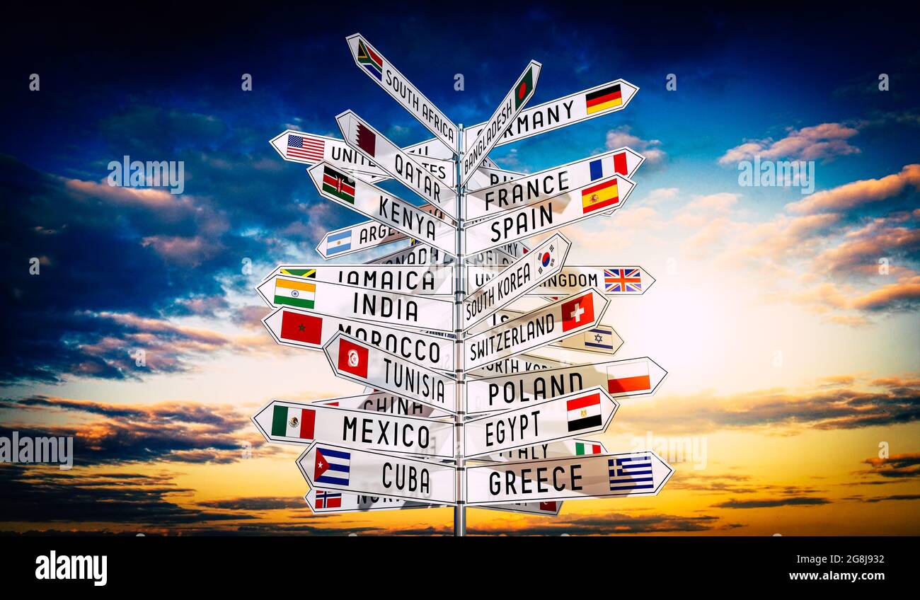 Signpost with national flags of different countries, sky in background ...