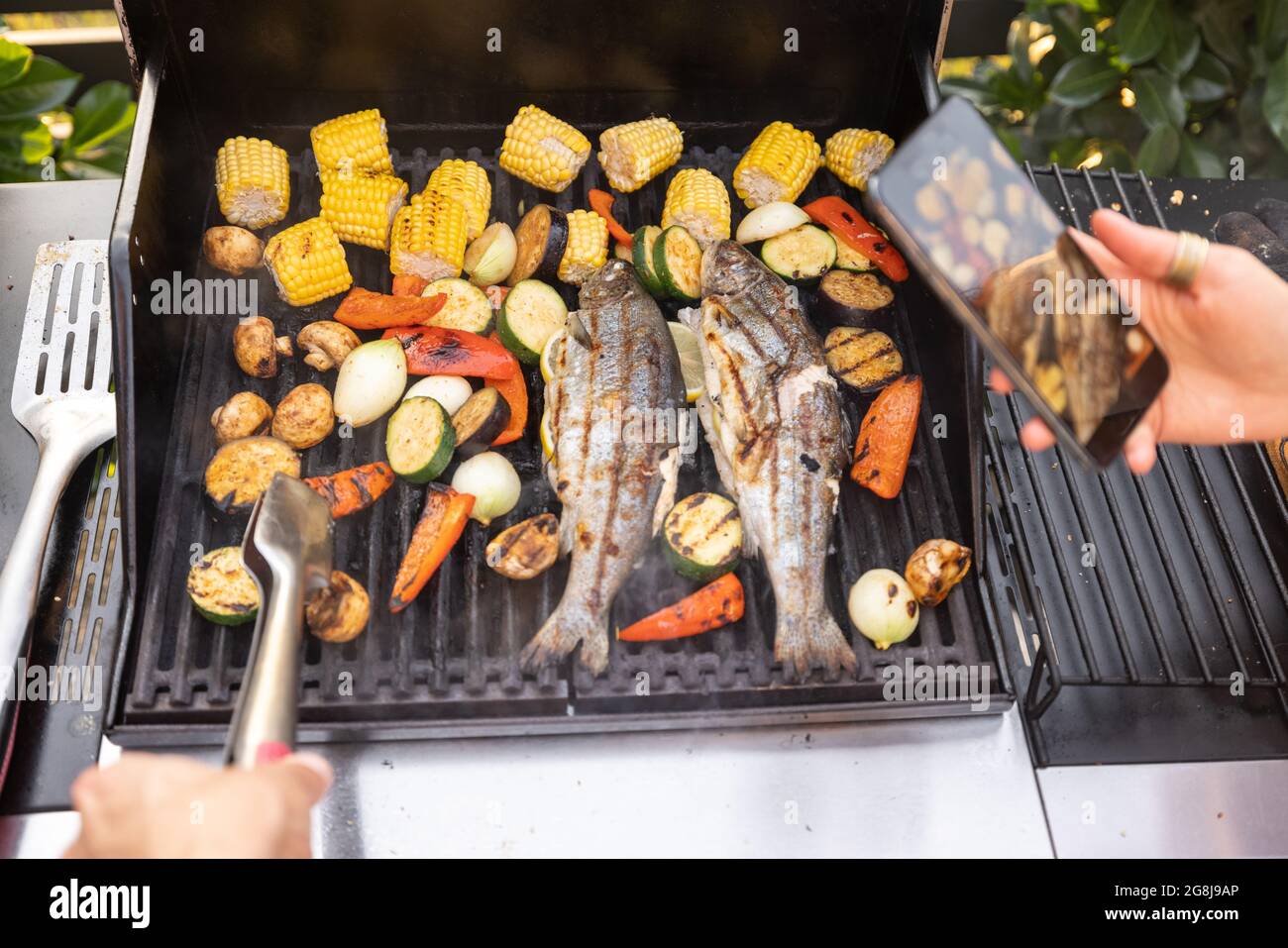 Grilling fish and corn on a grill Stock Photo - Alamy