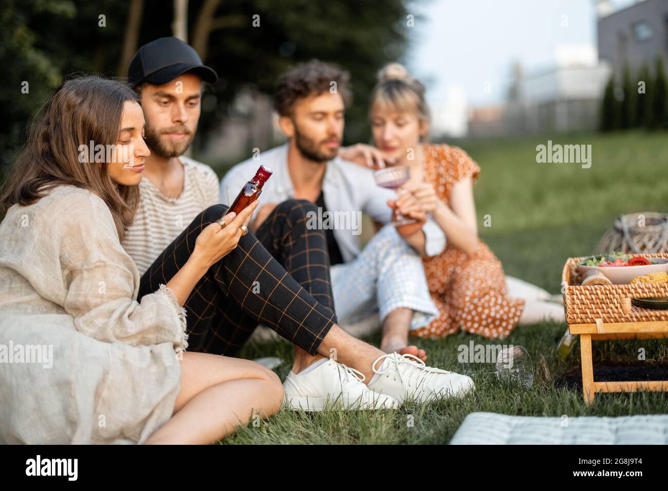 Friends sit together with alcohol at picnic Stock Photo - Alamy