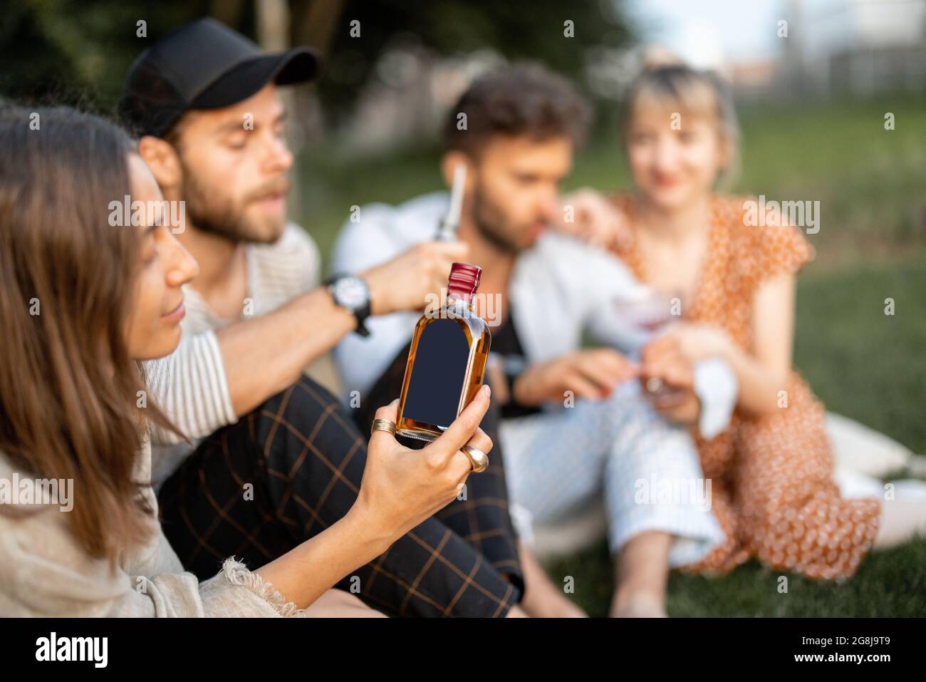 Friends sit together with alcohol at picnic Stock Photo - Alamy
