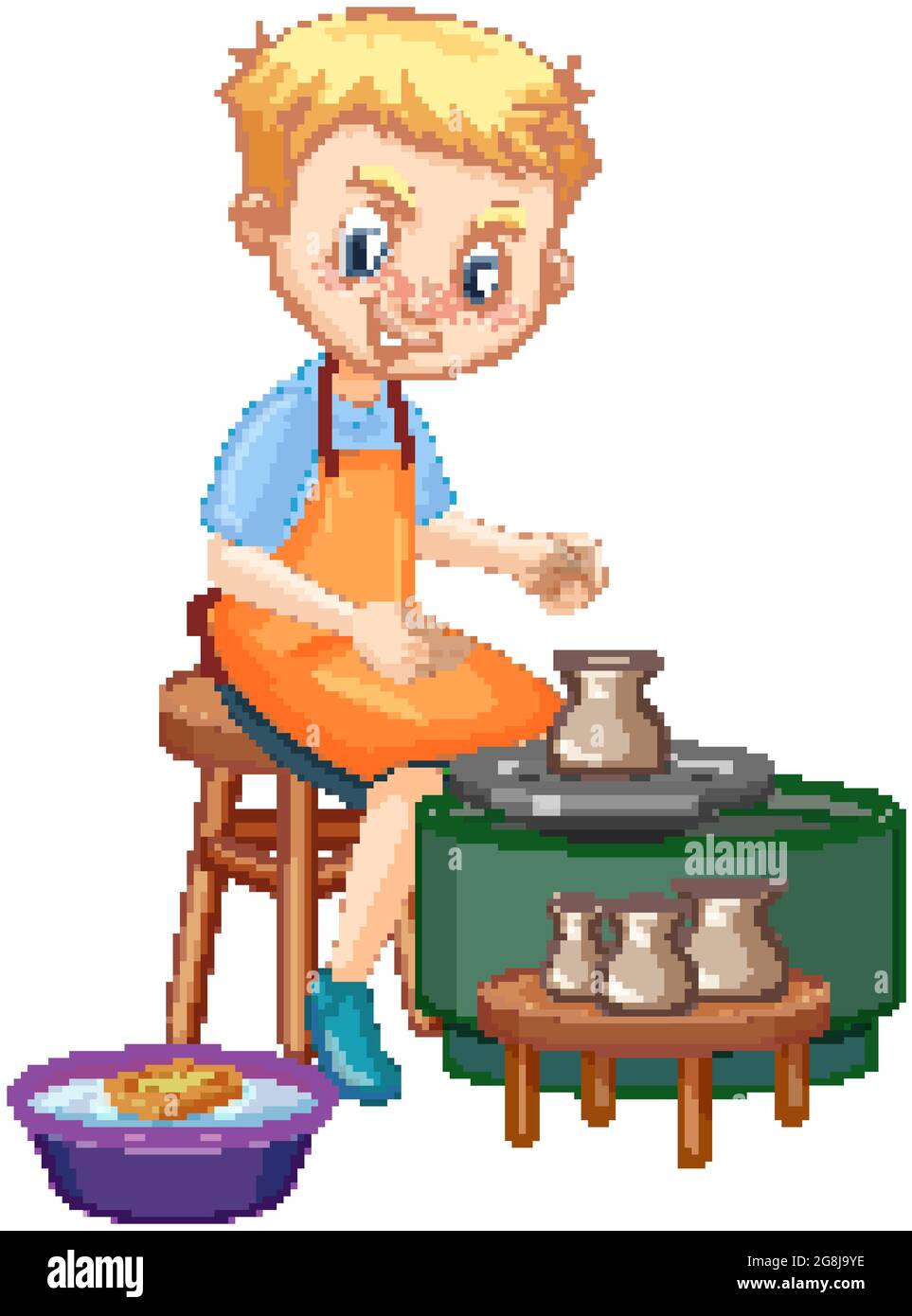 Cartoon character boy making pottery clay on white background ...