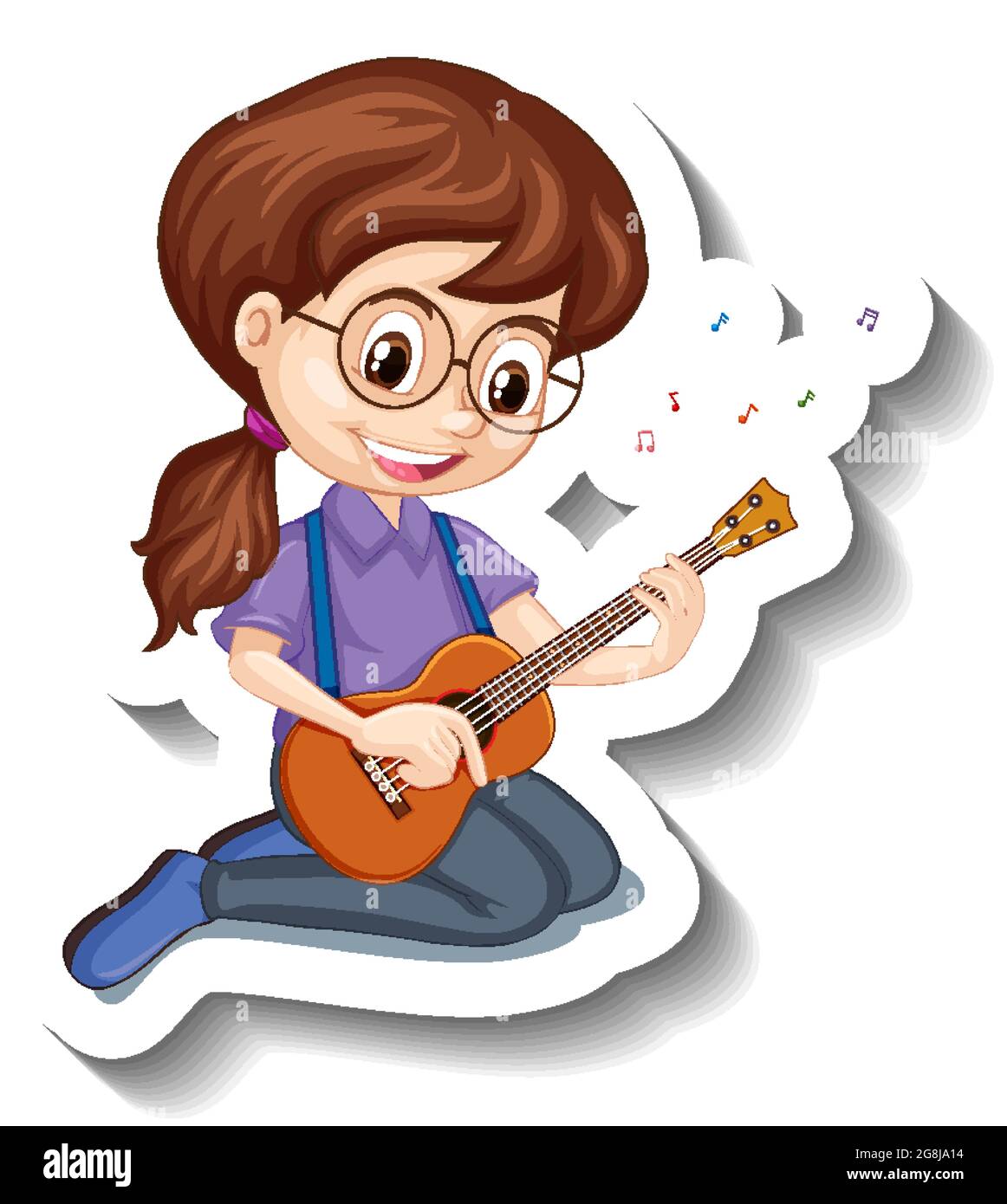 Cartoon character sticker girl playing ukulele musical instrument ...