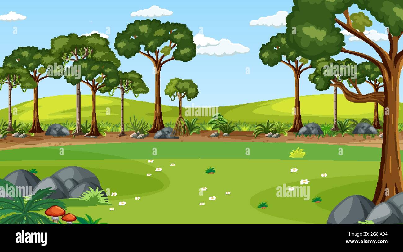 Blank meadow landscape scene with many trees illustration Stock Vector ...