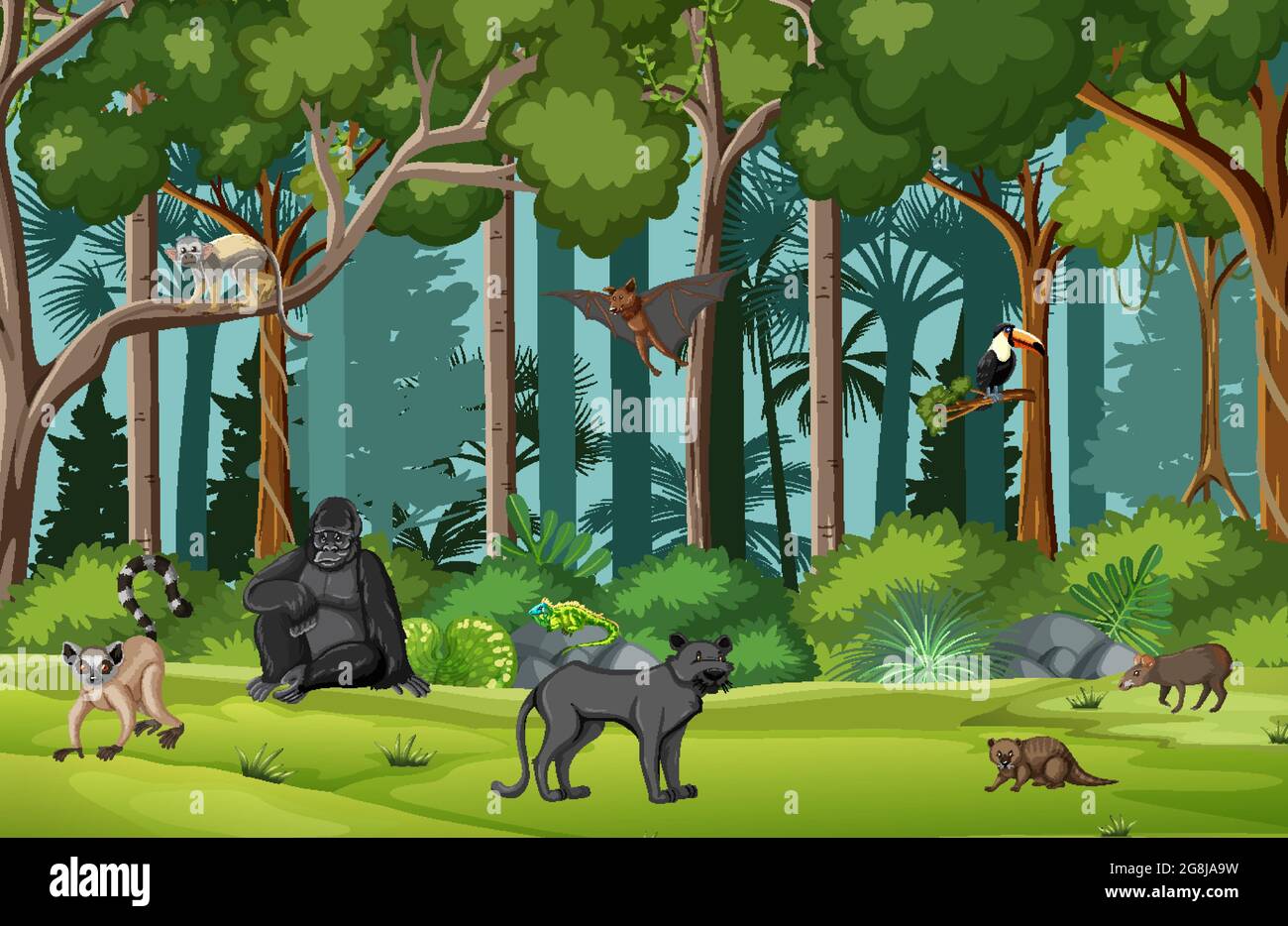 Tropical rainforest scene with various wild animals illustration Stock ...