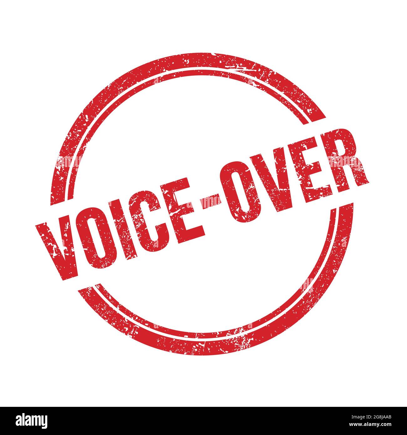 VOICE-OVER text written on red grungy vintage round stamp Stock Photo ...