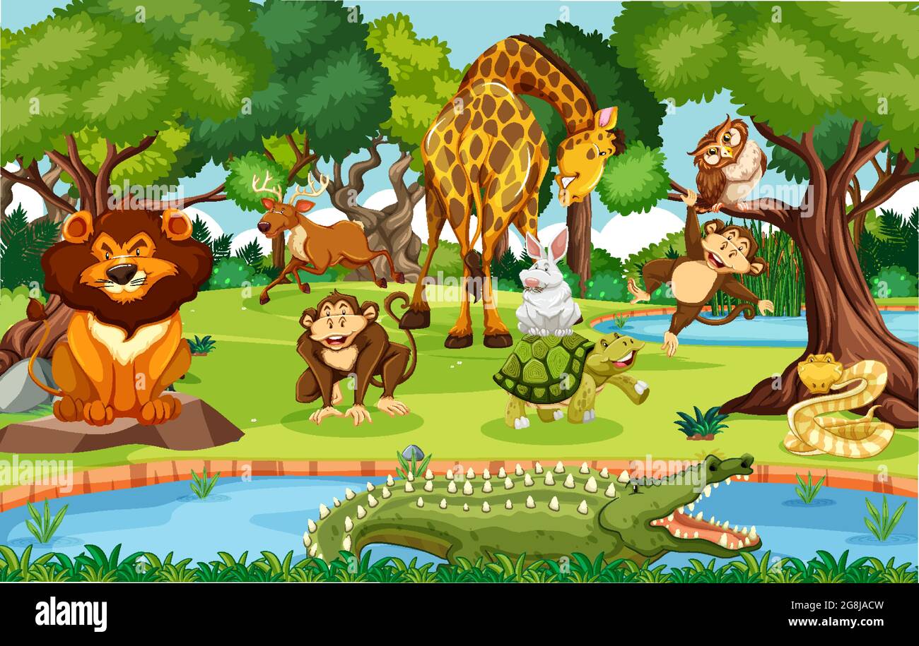 Different animals in the forest scene illustration Stock Vector Image ...