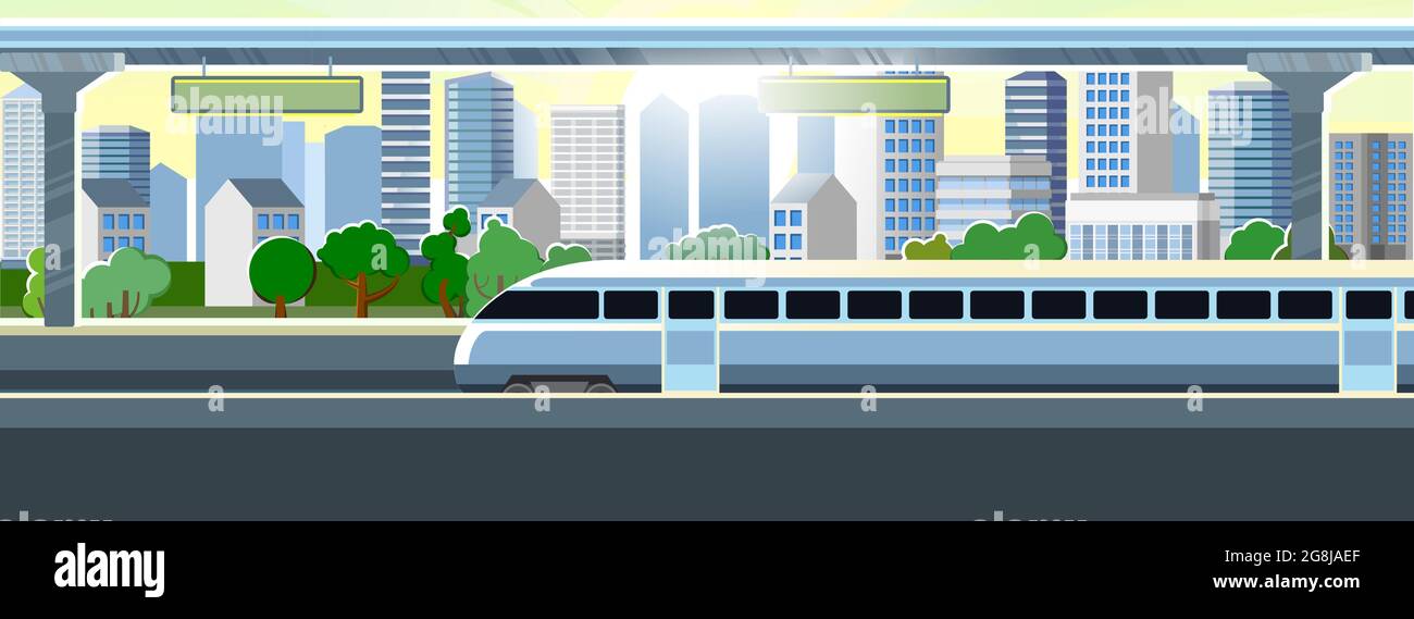 High-speed train in the city. Railway with a locomotive. Summer. Modern ...