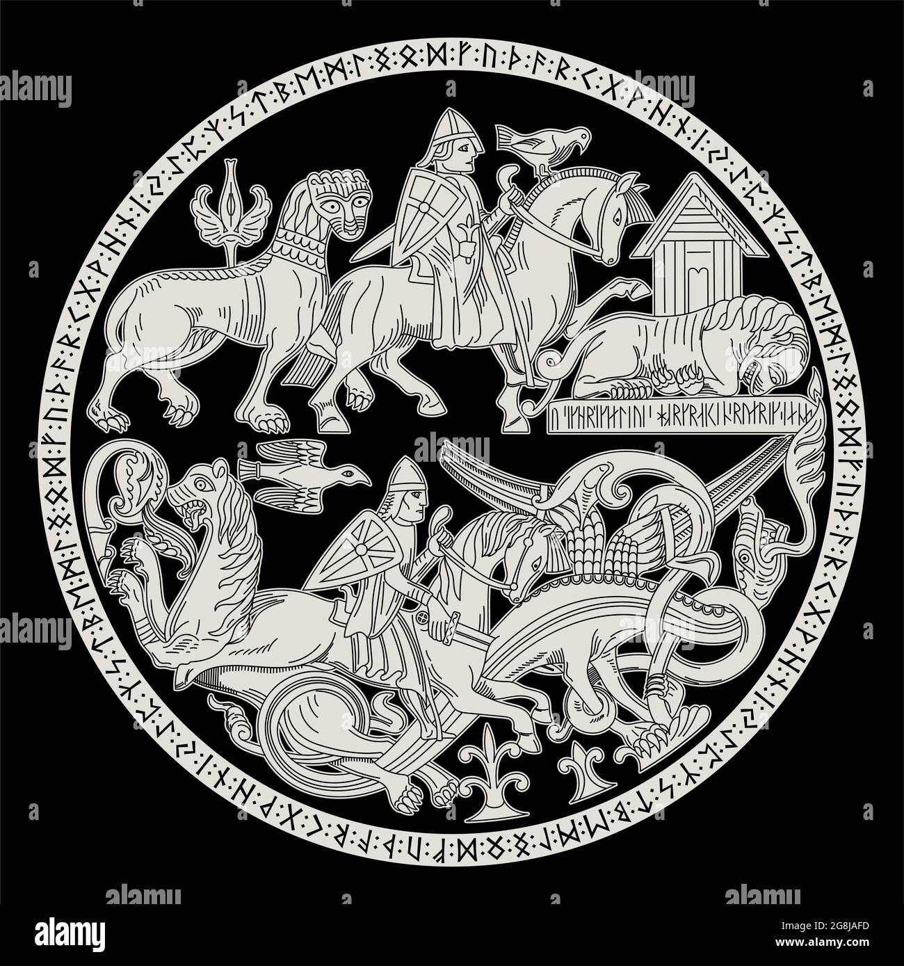 Scandinavian Viking design. Viking riders fight mythical animals ...