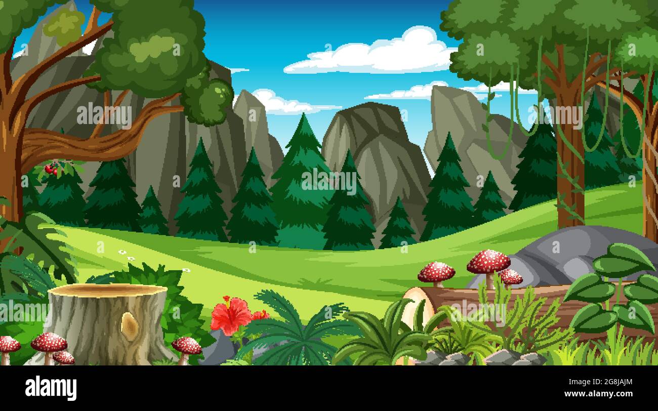 Forest scene with various forest trees and cliff background ...
