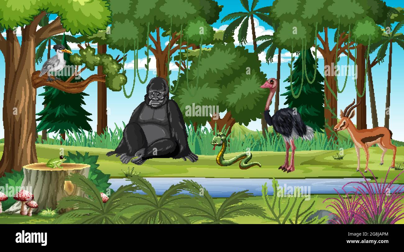 Forest at daytime scene with different wild animals illustration Stock ...