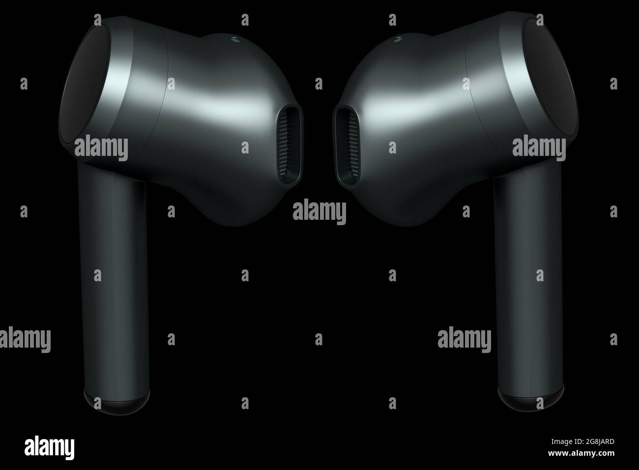 3D rendering of wireless earphones on black background. Concept of ...