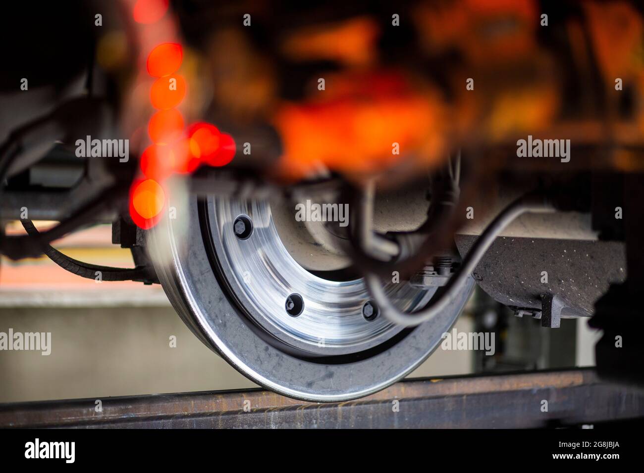 A train carriage wheel on a rail of a Southeastern railways carriage in ...