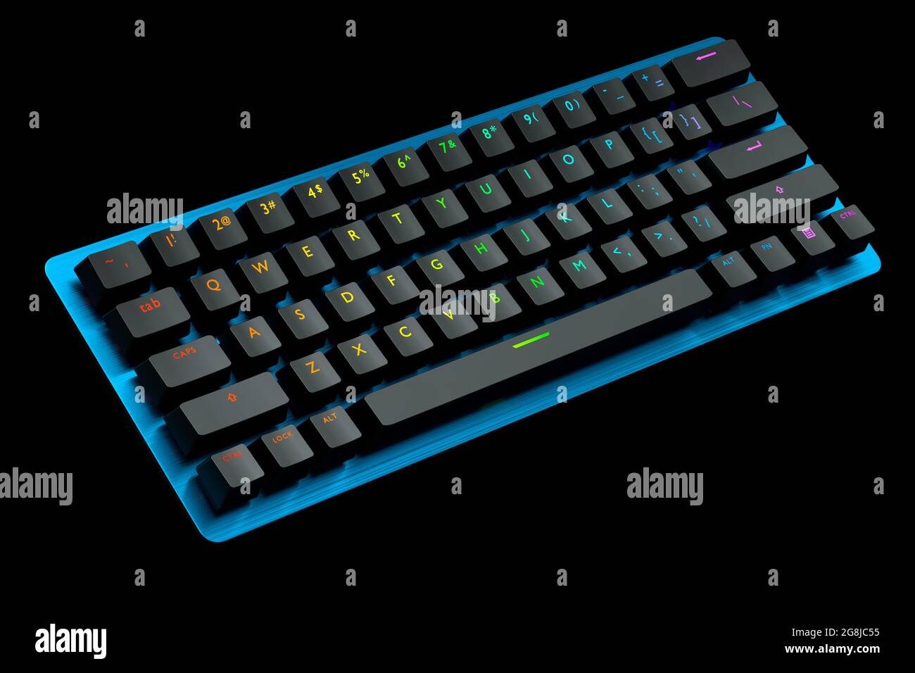 Blue computer keyboard with rgb colors isolated on black background. 3D ...