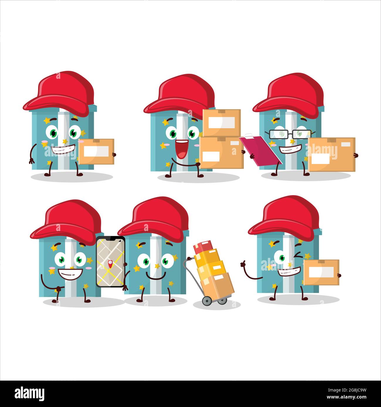 Cartoon character design of magic gift box working as a courier. Vector ...