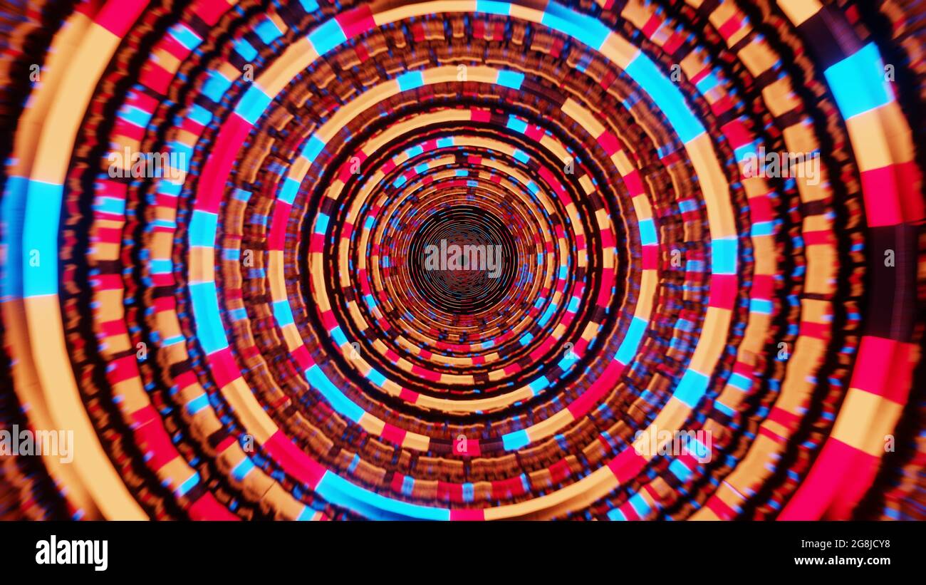 3D graphic illustration of multicolor neon lights circular tunnel loop ...