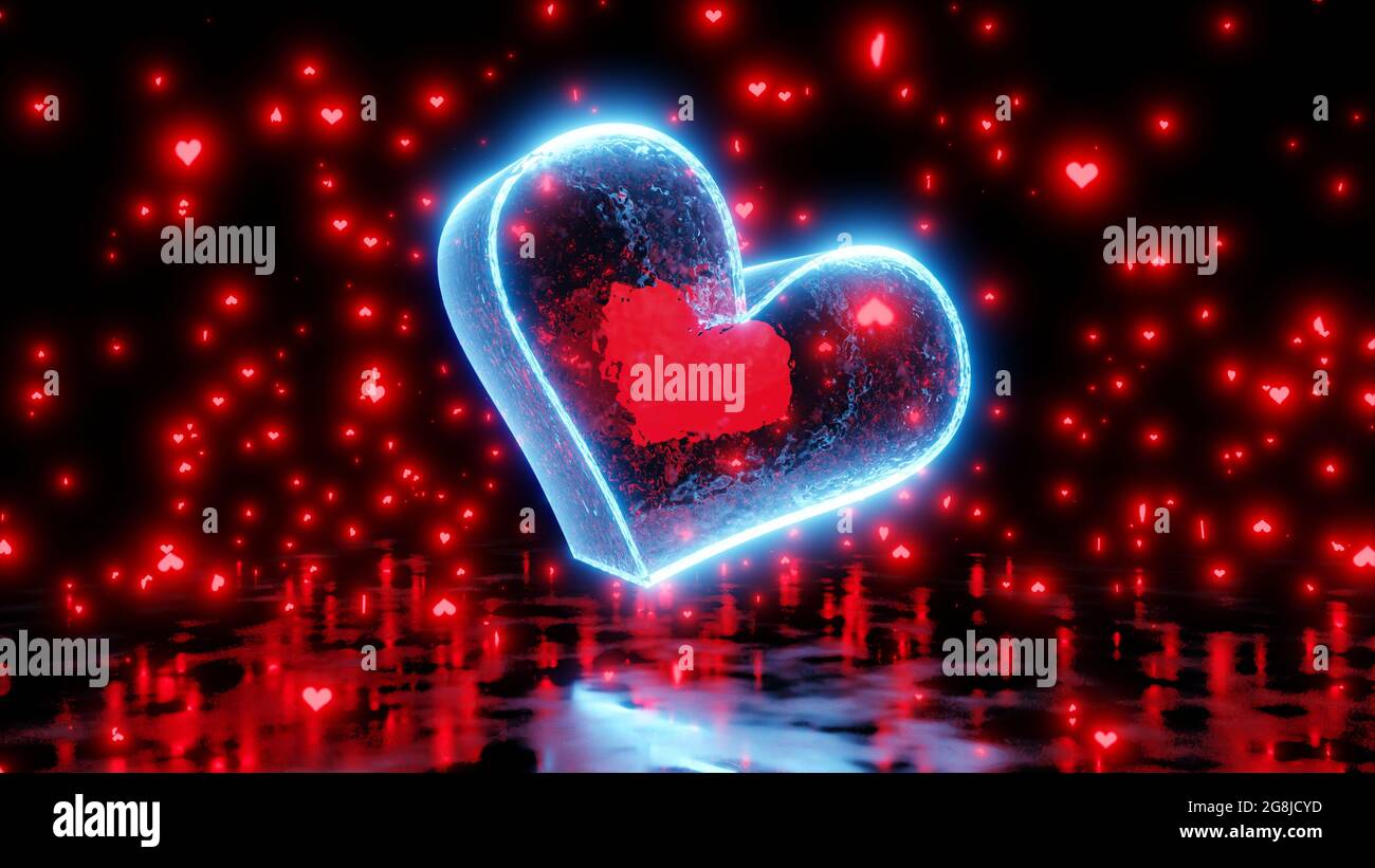 3D graphic illustration of red heart inside a big glowing transparent ...