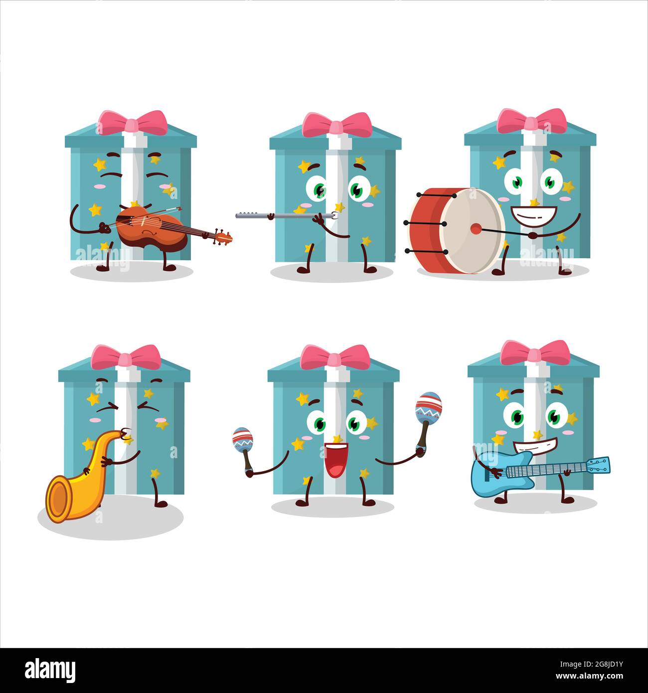 Cartoon character of magic gift box playing some musical instruments ...
