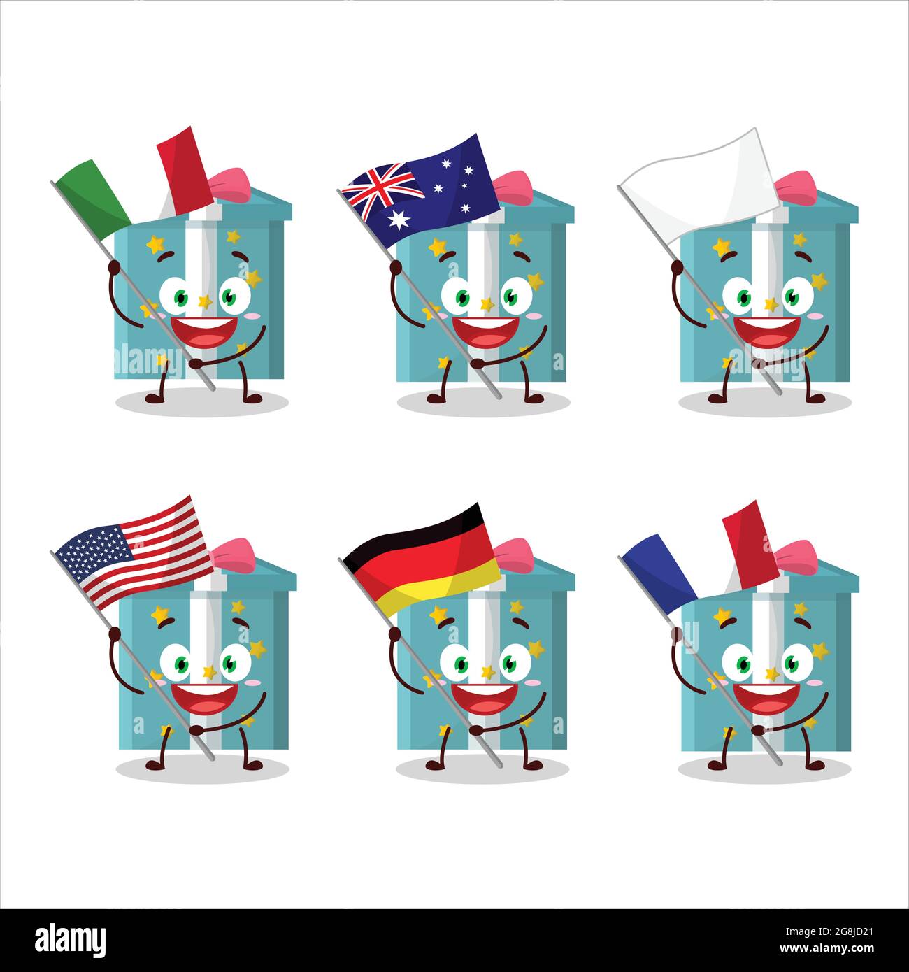 Magic gift box cartoon character bring the flags of various countries ...