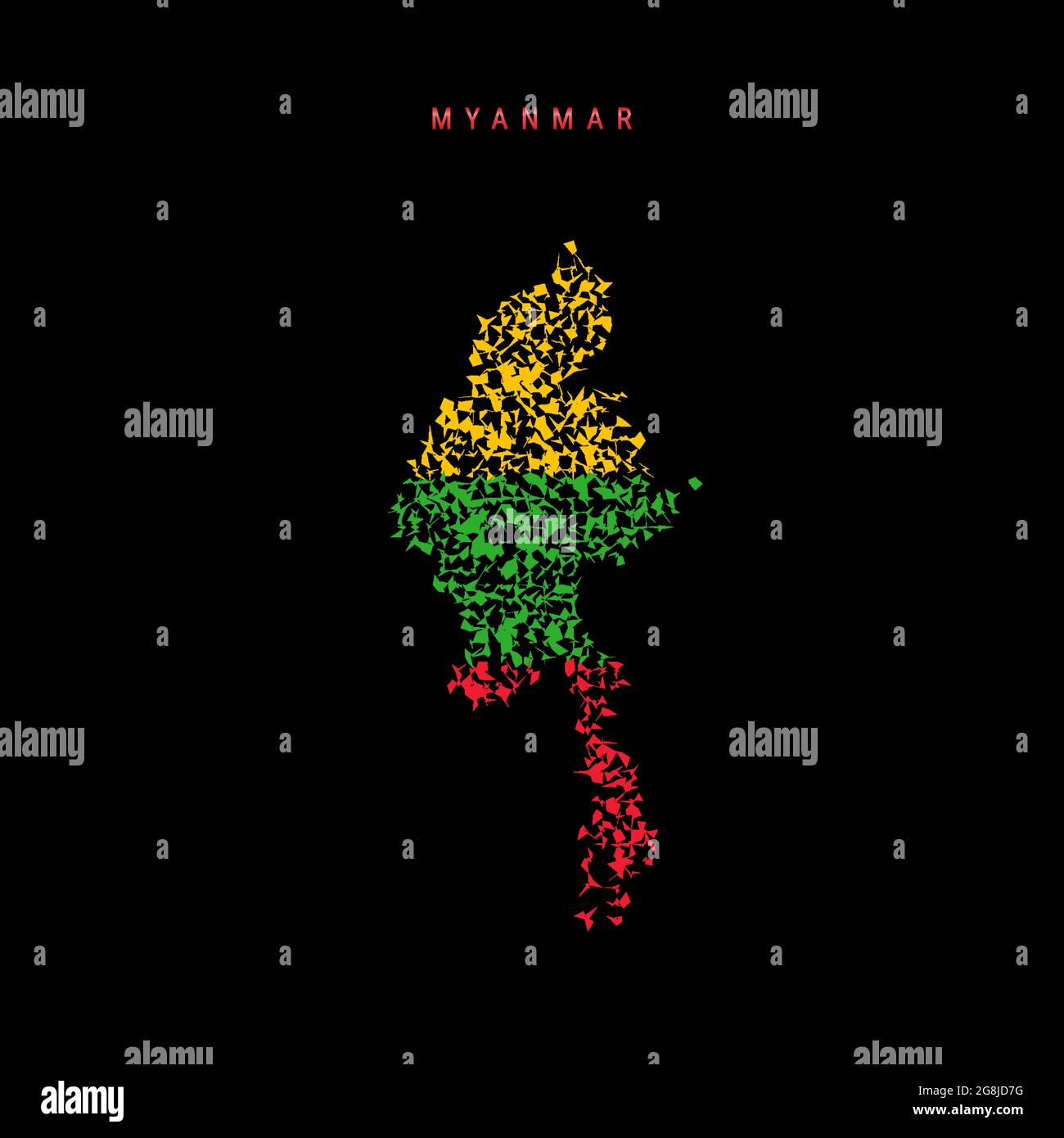 Myanmar flag map, chaotic particles pattern in the colors of the Burma flag. Vector illustration ...