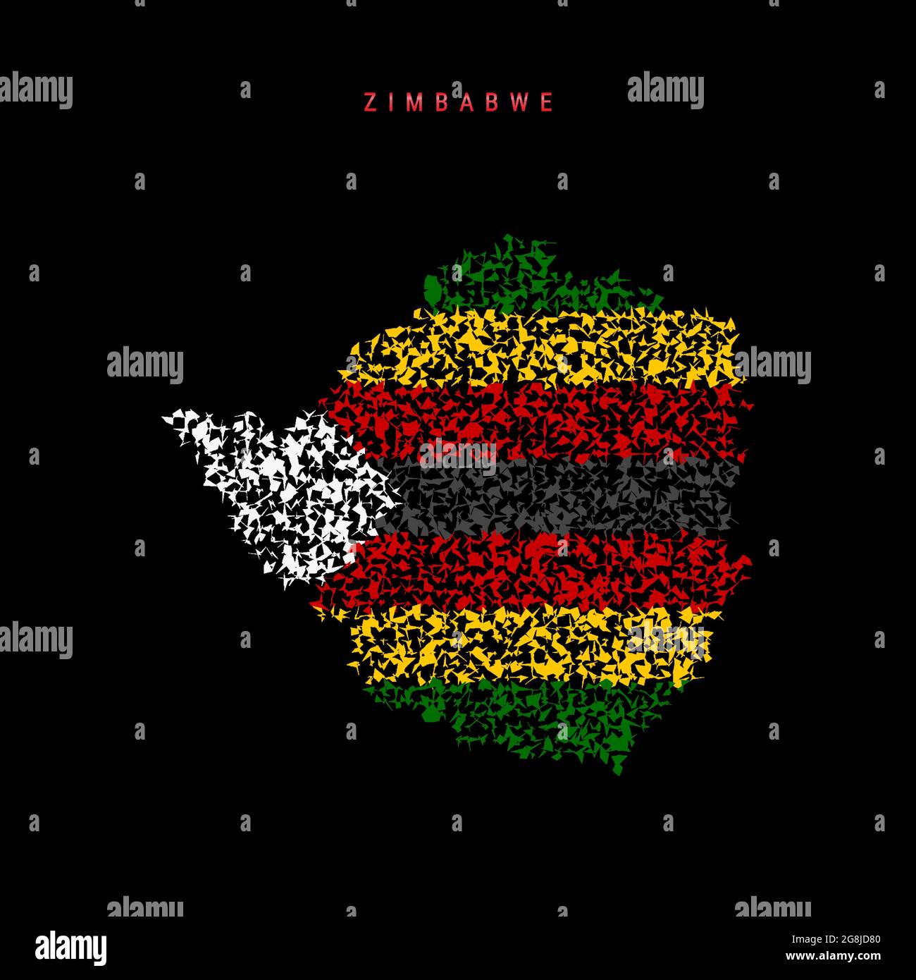 Zimbabwe flag map, chaotic particles pattern in the colors of the Zimbabwean flag. Vector ...