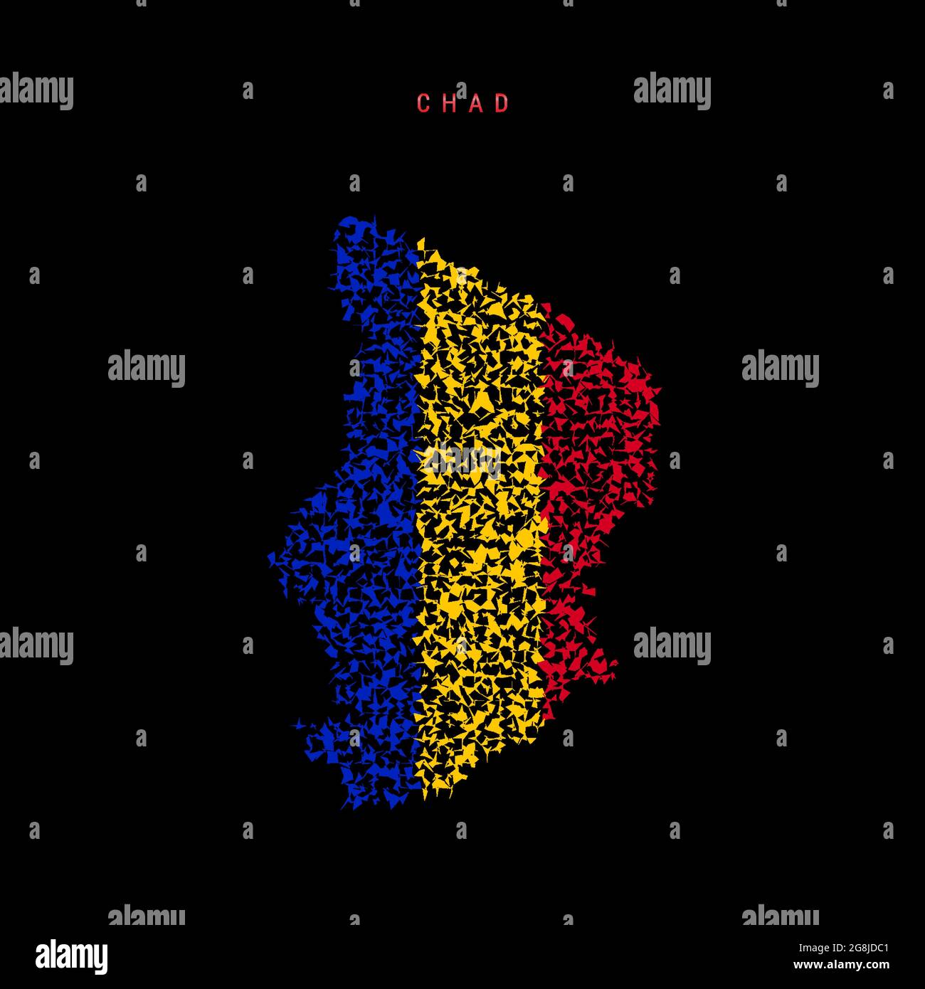 Chad flag map, chaotic particles pattern in the colors of the Chadian ... Chad flag map, chaotic particles pattern in the colors of the Chadian ...