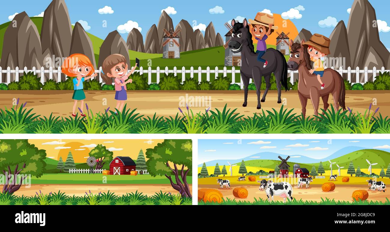 Set of outdoor panoramic landscape with cartoon character illustration ...