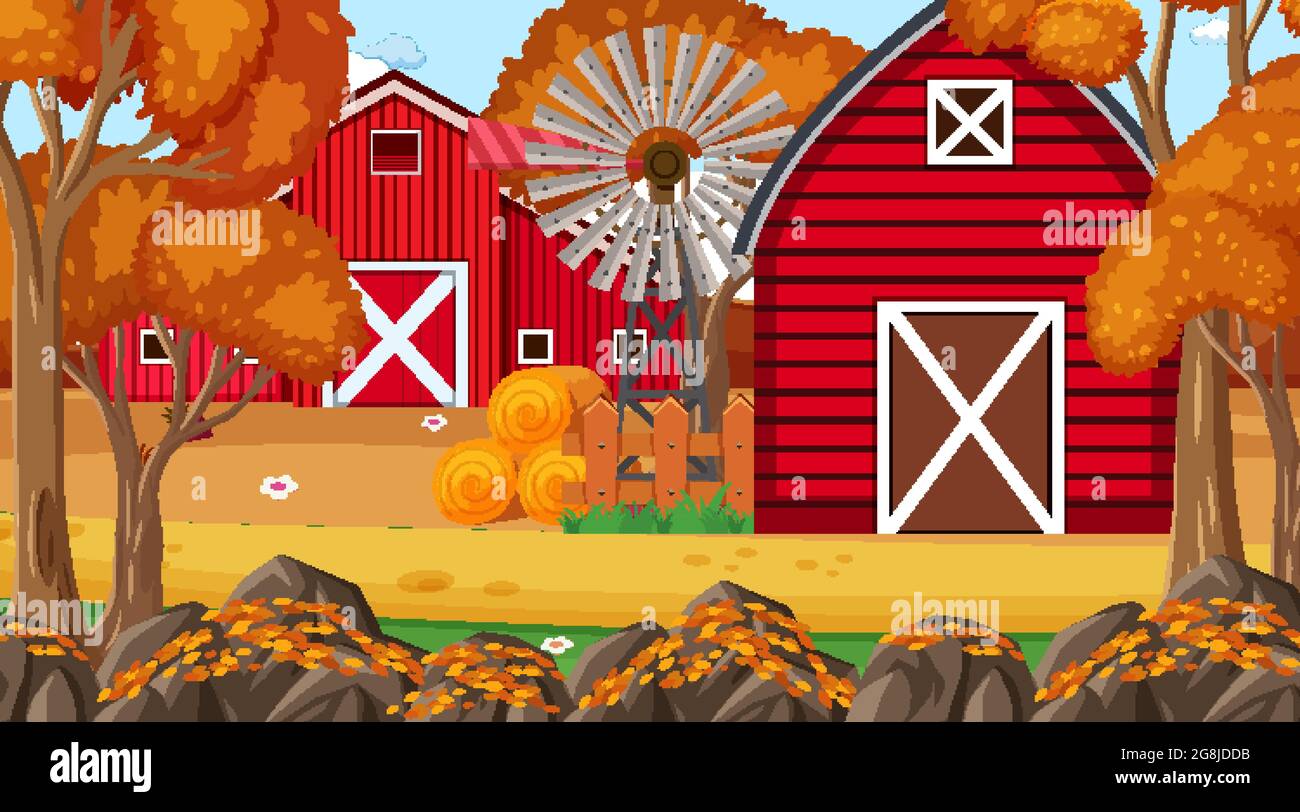 Empty farm at sunset time scene with red barn and windmill illustration ...