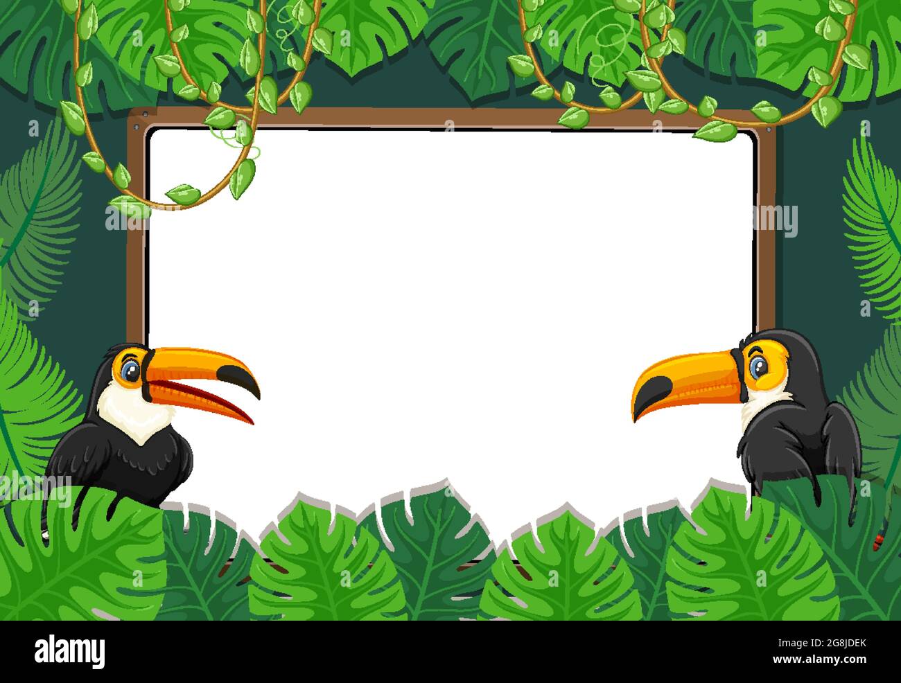 Empty banner with tropical leaves frame and toucan cartoon character ...