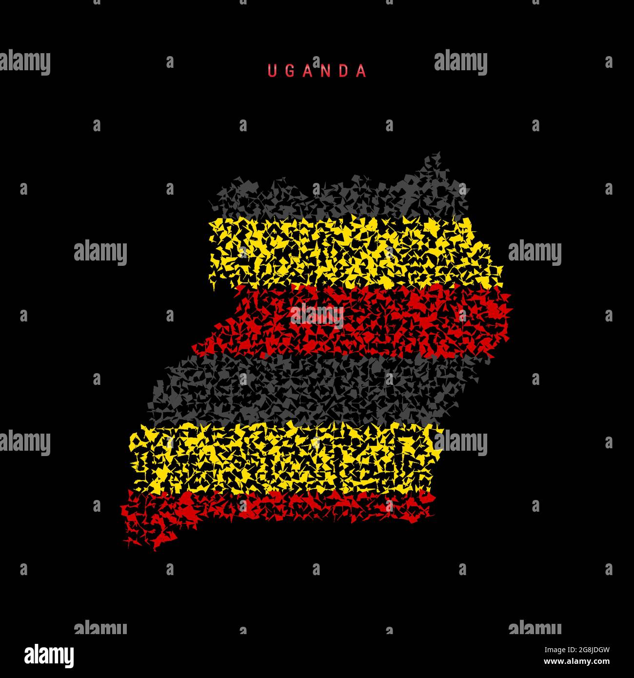 Uganda flag map, chaotic particles pattern in the colors of the Ugandan ...