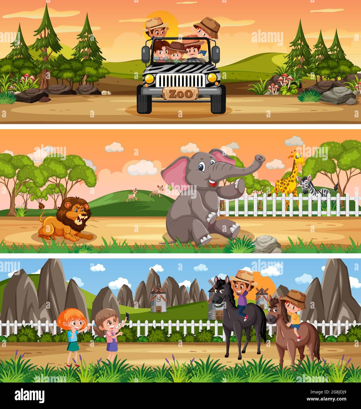 Outdoor panorama landscape scene set with cartoon character ...