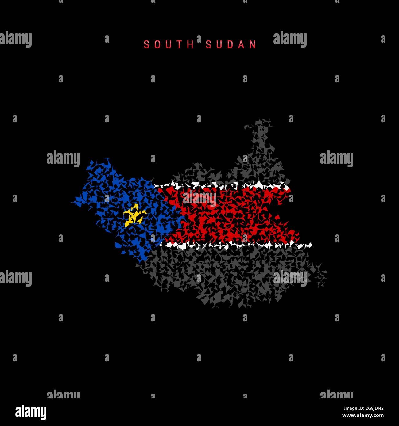 South Sudan flag map, chaotic particles pattern in the colors of the ...