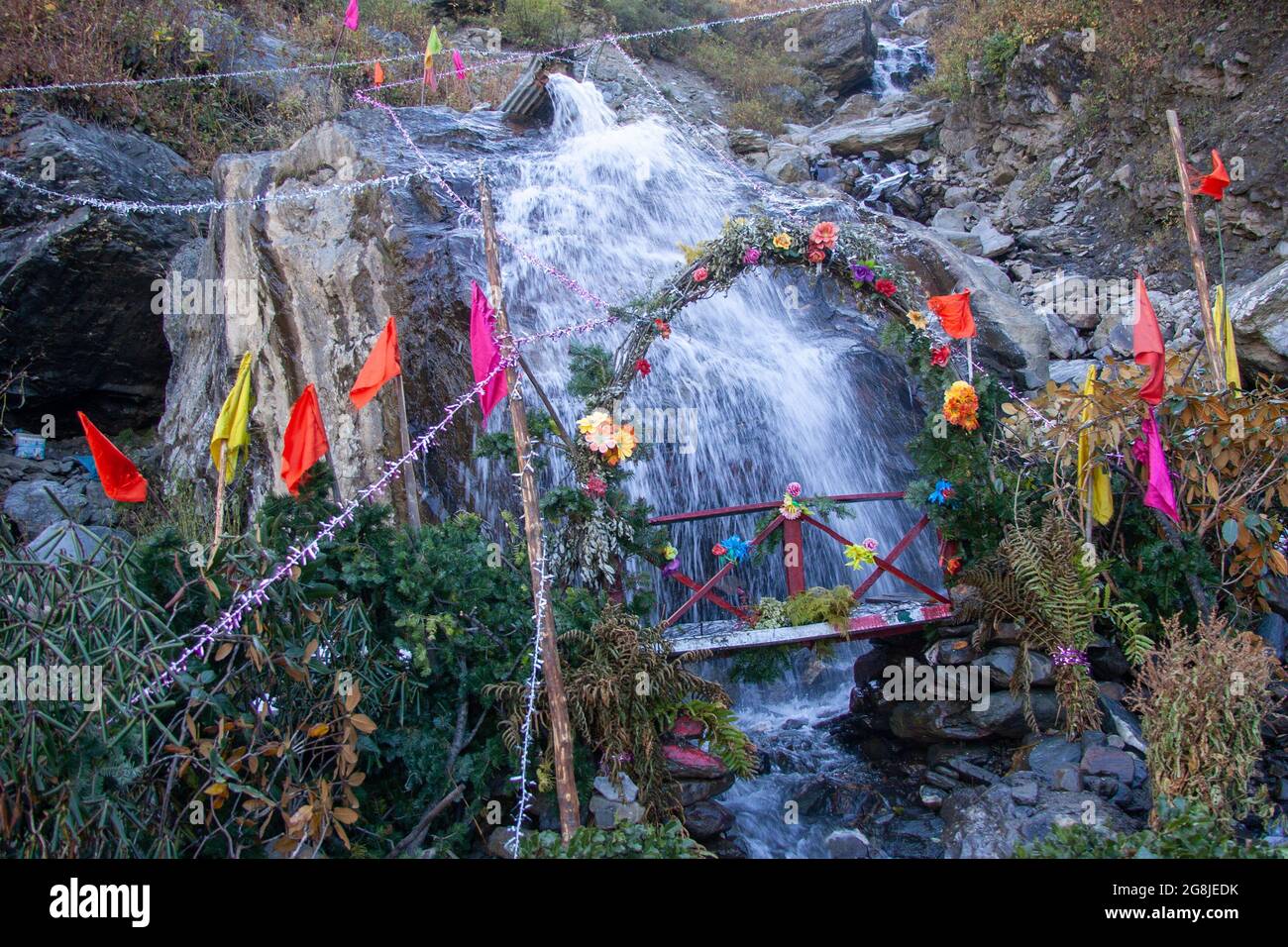 A ritual site with colorful flags in the Indian Himalayas Stock Photo ...