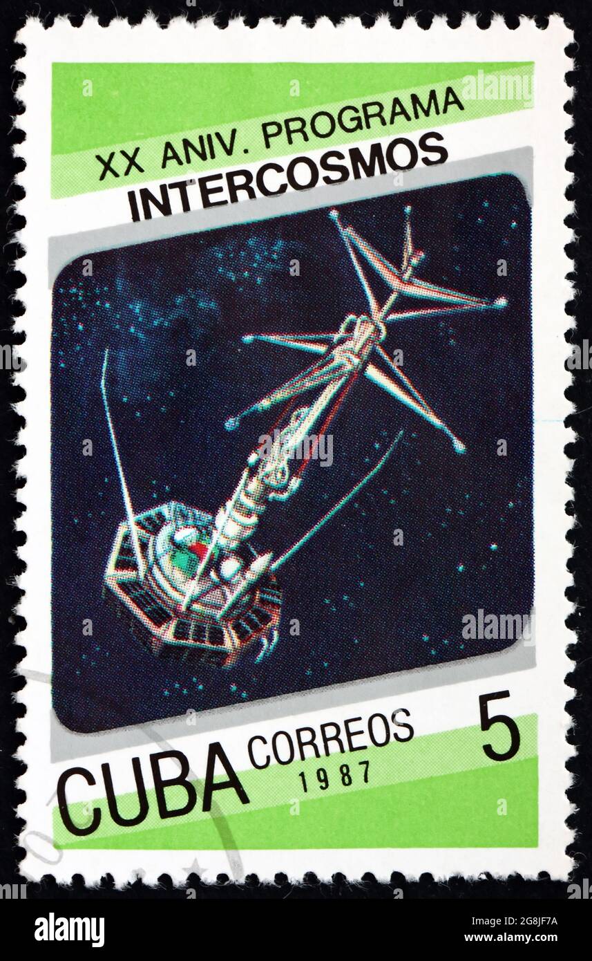 CUBA - CIRCA 1987: a stamp printed in Cuba shows Intercosmos space ...