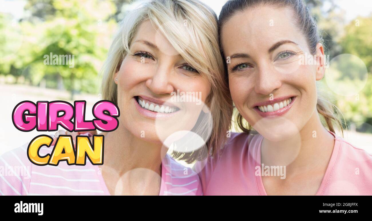 Composition of girl power text over group of two women smiling Stock ...