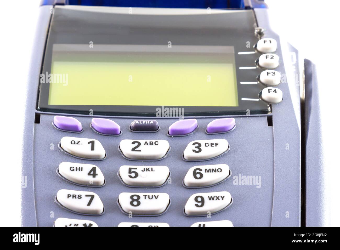 Side view of old credit card reader machine on white background Stock ...