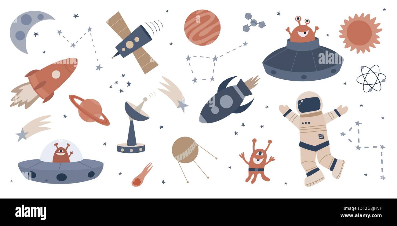 Set of hand drawn cartoon vector illustrations of space Stock Vector ...