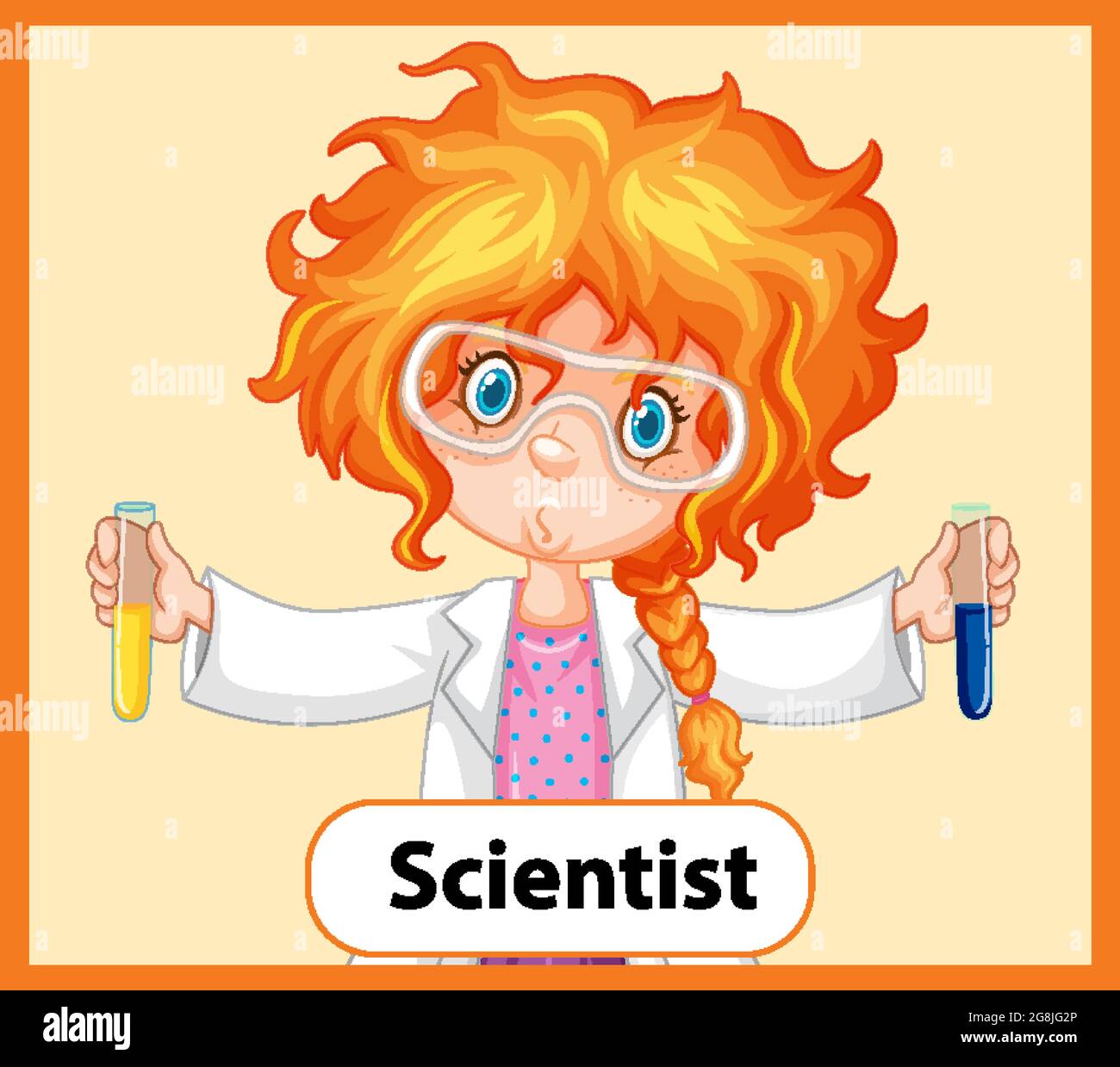 Educational English word card of scientist girl with messy hair ...