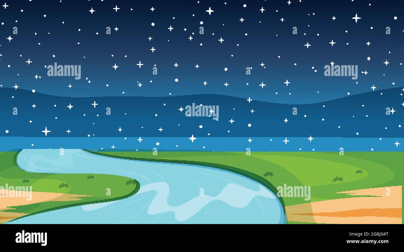 Blank nature landscape with river scene at night time illustration ...