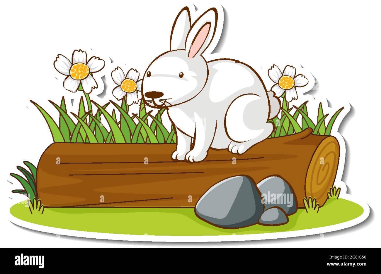 A white rabbit standing on a log sticker illustration Stock Vector ...