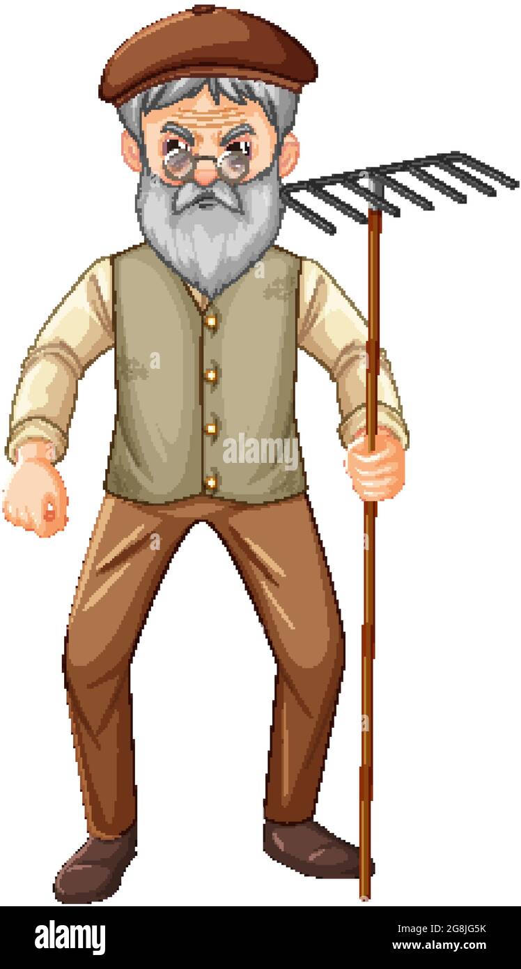 Old farmer man cartoon character holding rake garden tool illustration ...
