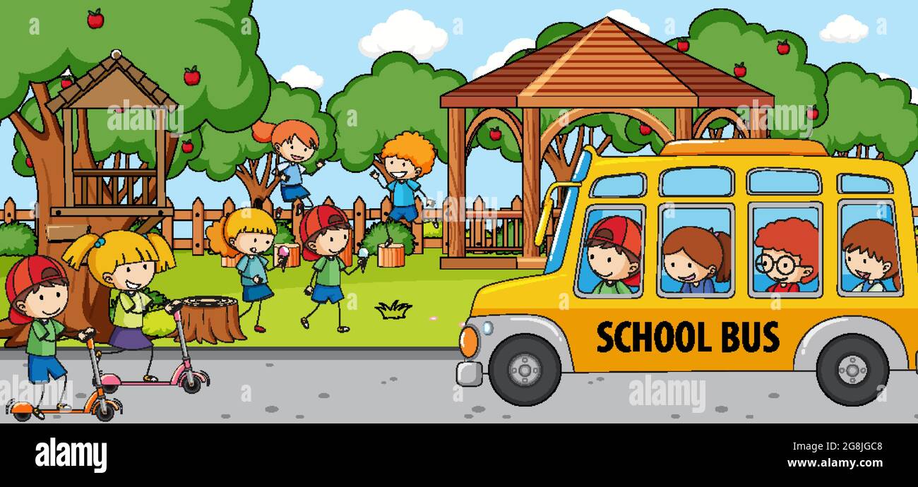 Outdoor scene with many kids and school bus illustration Stock Vector ...