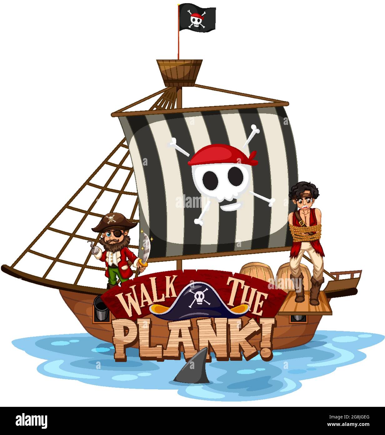 Walk the plank font banner with pirate ship on white background ...