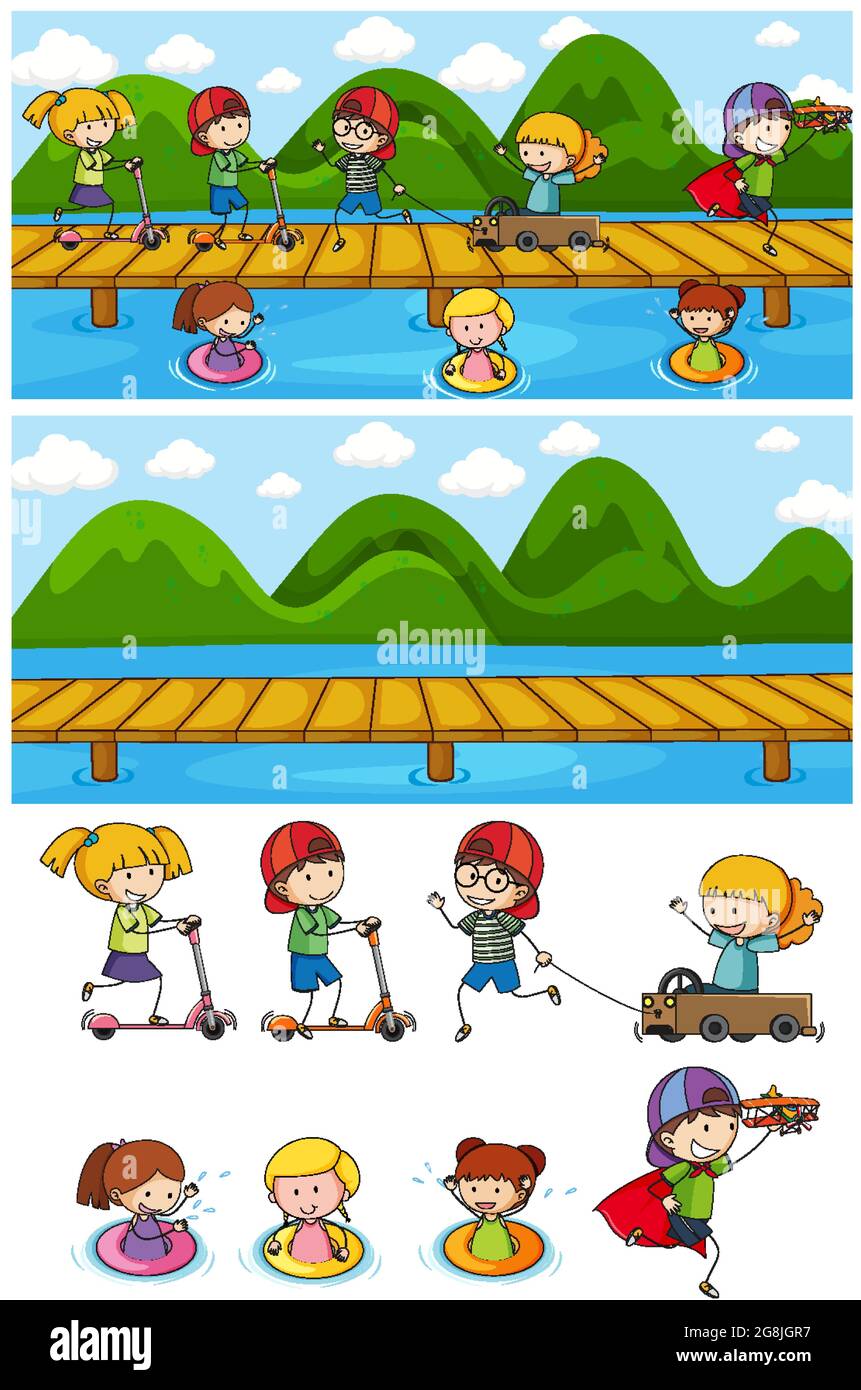 Set of different horizontal scenes background with doodle kids cartoon ...