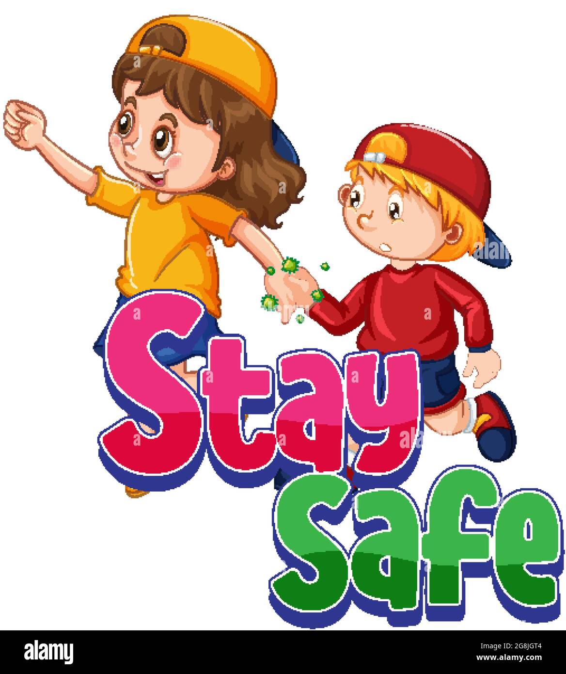 Stay Safe font with two kids holding hands together isolated ...