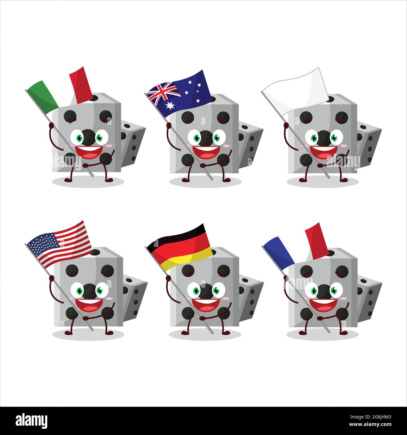 White dice new cartoon character bring the flags of various countries ...