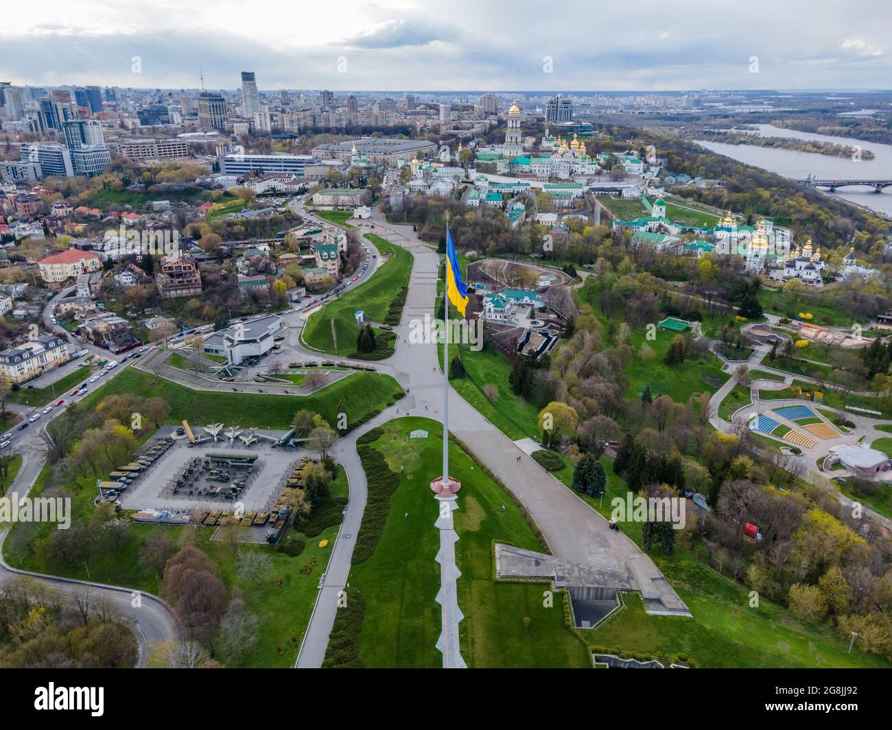 Aerial top view by drone of Ukrainian flag waving in the wind against ...