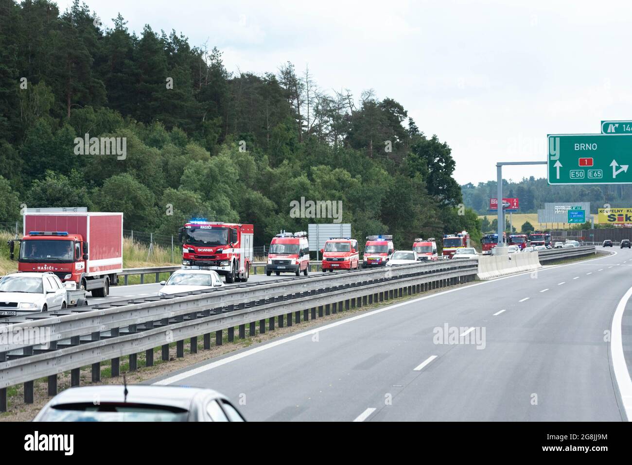 Brno, Czech Republic - July 4, 2021- Column of various cars of the ...